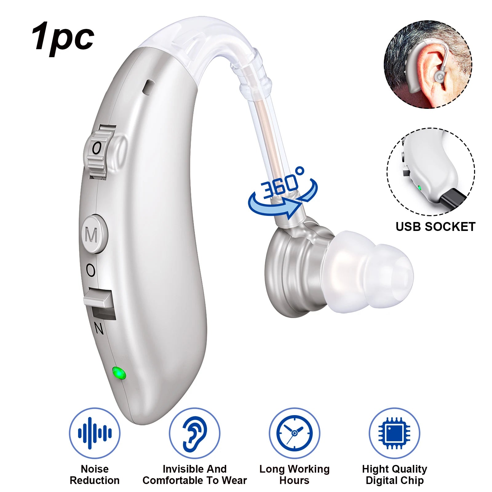 Invisible Senior Rechargeable Hearing Amplifier, Behind-The-Ear Hearin ...